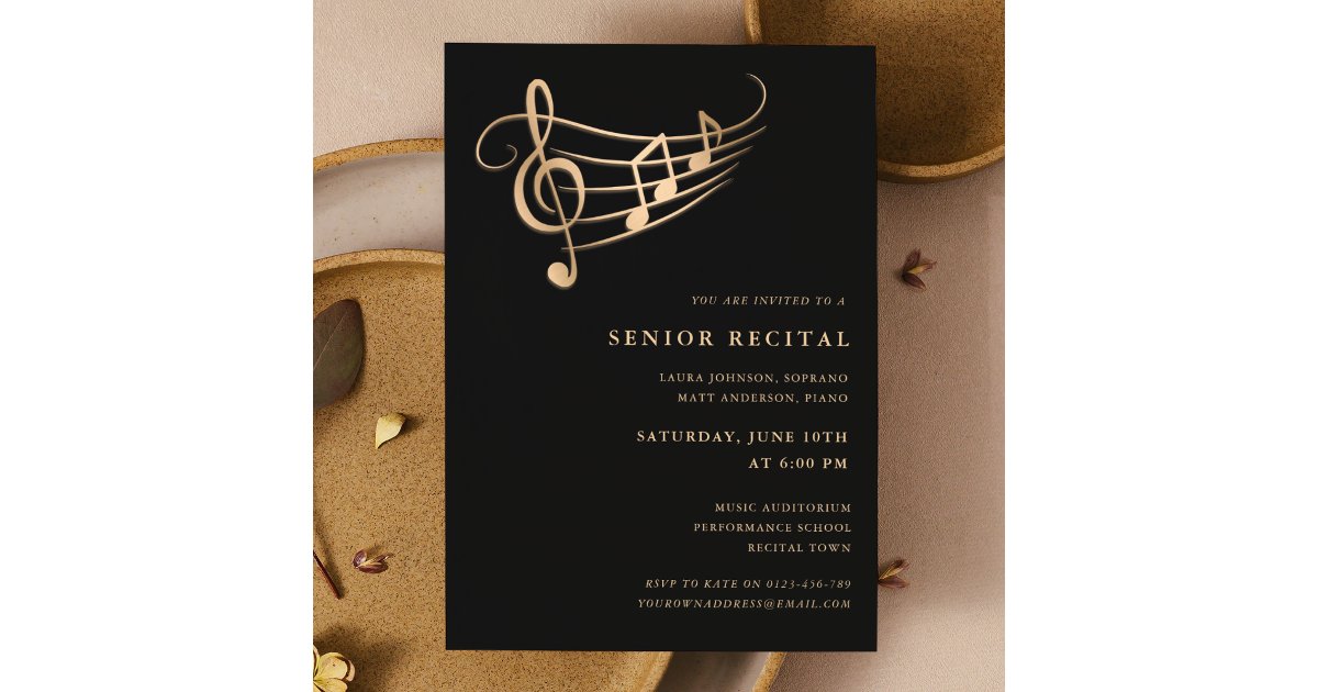 Gold Music Notes Senior Recital Elegant Invitation | Zazzle