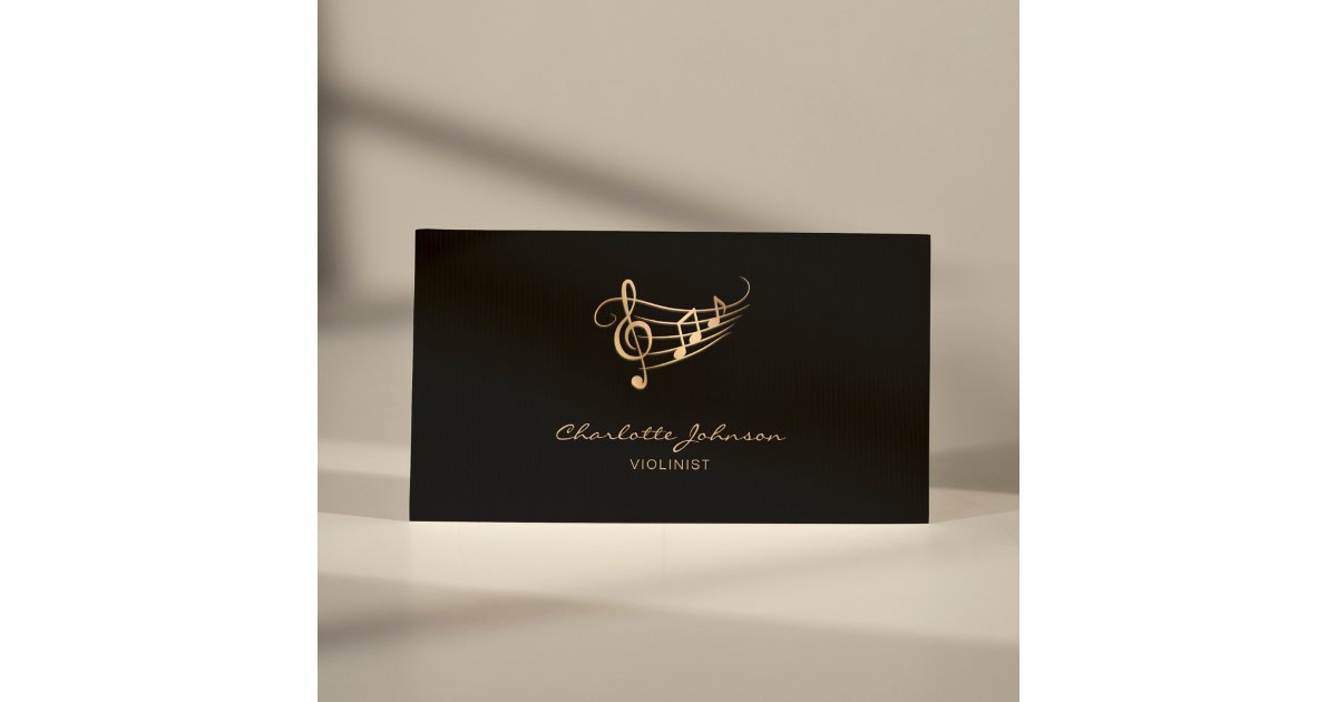 Gold Music Notes Wavy Stave Violinist Elegant Business Card | Zazzle