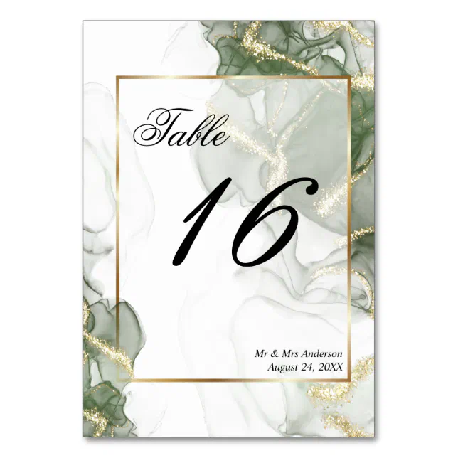 Gold Muted Sage Green Ink Table Number | Zazzle