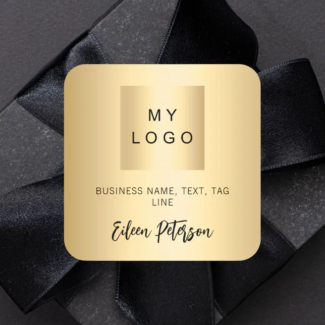 Gold name signature business logo square sticker | Zazzle
