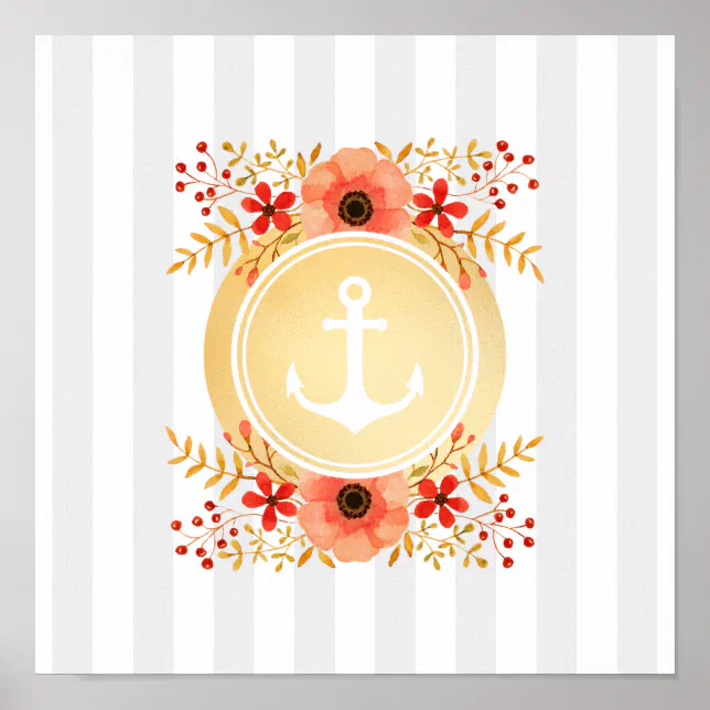 Gold Nautical Anchor Watercolor Floral Striped Poster | Zazzle