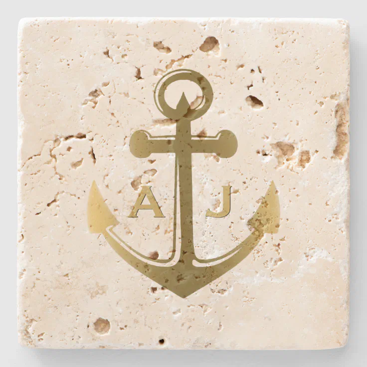 Gold Nautical Anchor Wedding Monogram Stone Coaster | Zazzle