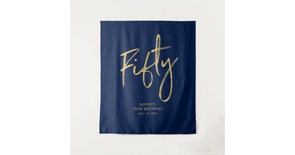 Gold & Navy Blue 50th Birthday Party Backdrop | Zazzle