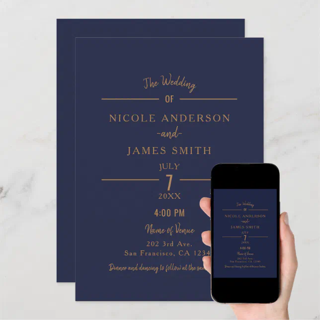 Gold Navy Blue Chic Minimal Clean Classic Wedding Invitation | Zazzle
