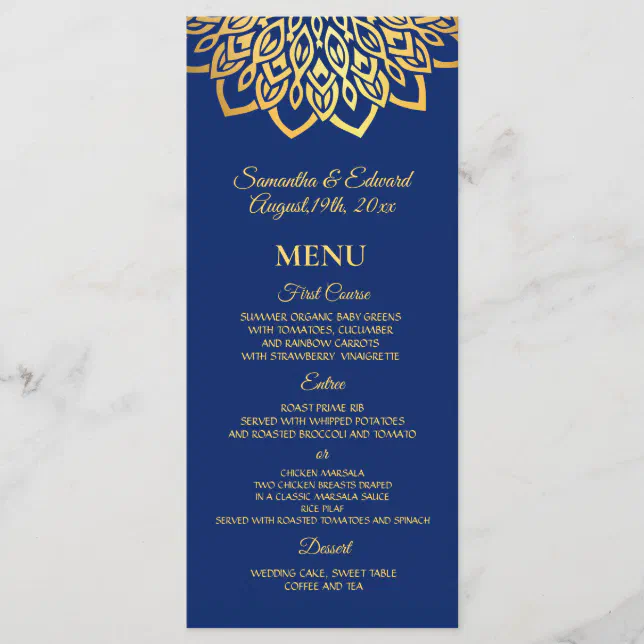 Gold Navy Blue Elegant Wedding Menu | Zazzle