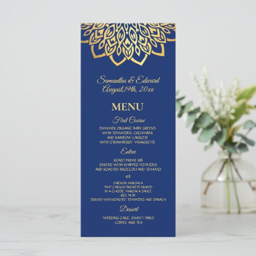 Gold Navy Blue Elegant Wedding Menu | Zazzle