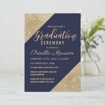 Gold Navy Blue Faux Glitter Sequin Graduation Invitation | Zazzle