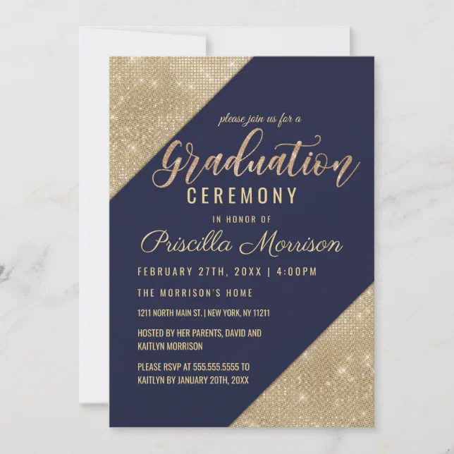 Gold Navy Blue Faux Glitter Sequin Graduation Invitation | Zazzle