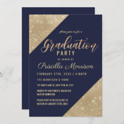Gold Navy Blue Faux Glitter Sequin Graduation Invitation | Zazzle