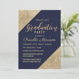 Gold Navy Blue Faux Glitter Sequin Graduation Invitation | Zazzle