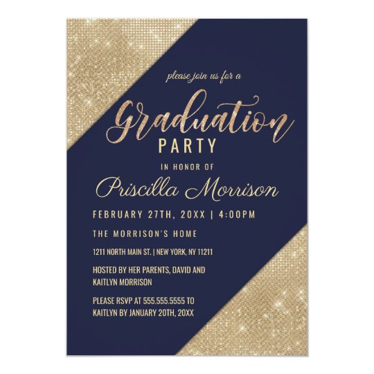 Gold Navy Blue Faux Glitter Sequin Graduation Invitation | Zazzle.com