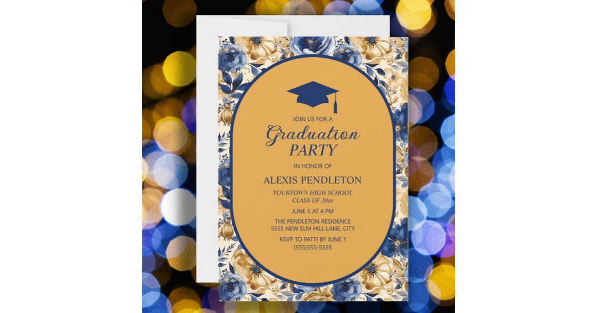 Gold Navy Blue Floral High School Graduation Cap Invitation | Zazzle
