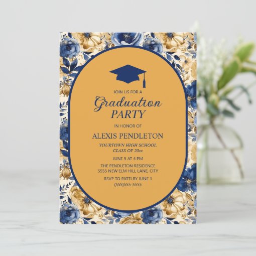 Gold Navy Blue Floral High School Graduation Cap Invitation | Zazzle