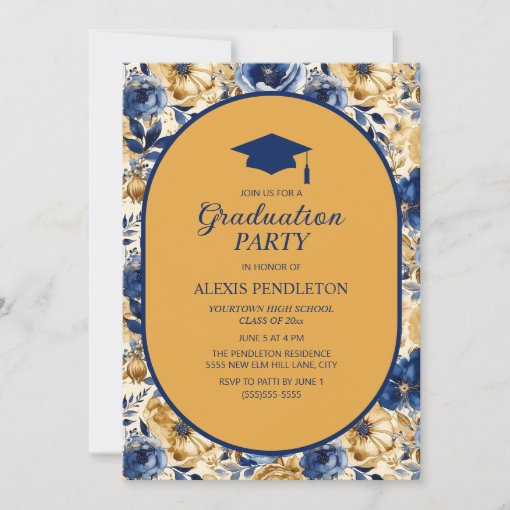 Gold Navy Blue Floral High School Graduation Cap Invitation | Zazzle