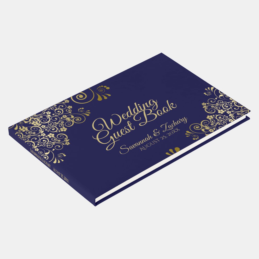 Gold & Navy Blue Frilly Filigree Elegant Wedding Guest Book | Zazzle