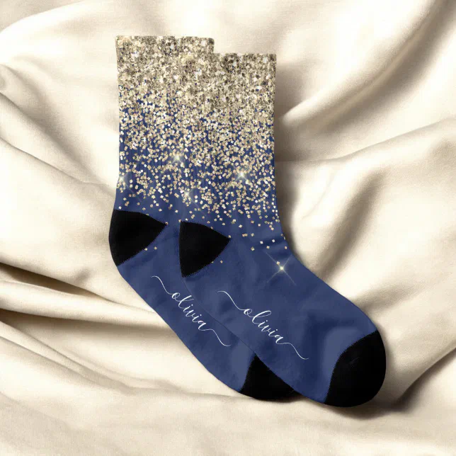 Gold Navy Blue Glitter Script Monogram Girly Name Socks | Zazzle