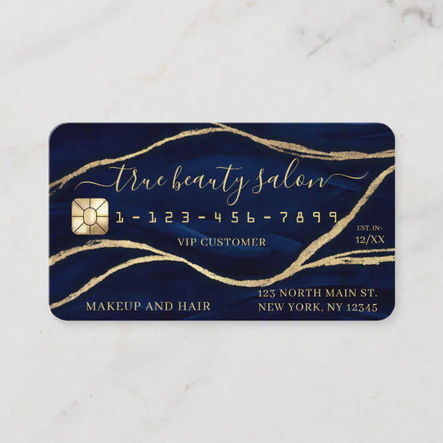 Gold Navy Blue Marble Signature Script Credit Card | Zazzle