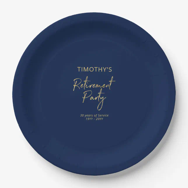 Gold & Navy Blue Modern Retirement Party Paper Plates | Zazzle