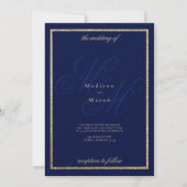 Gold navy blue monogram initials theme wedding invitation | Zazzle