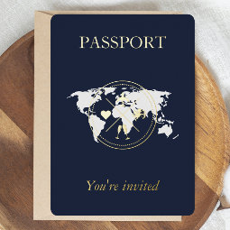 Gold & Navy Blue Passport Unique Wedding Photo Foil Invitation | Zazzle