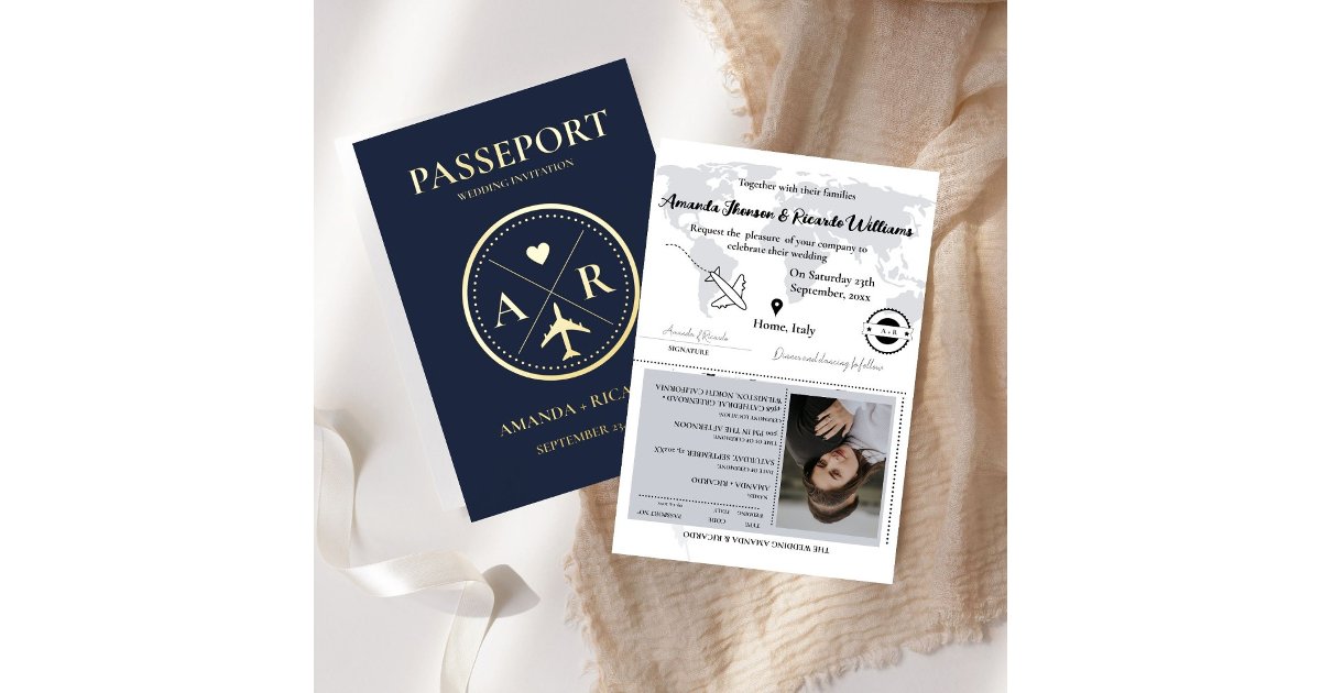 Gold & Navy Blue Passport Wedding Invitation | Zazzle