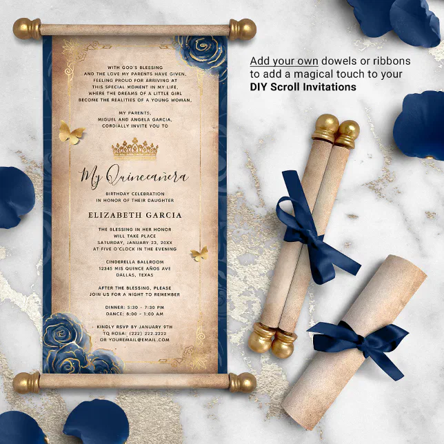 Gold Navy Blue Quinceanera DIY Scroll Invitations | Zazzle