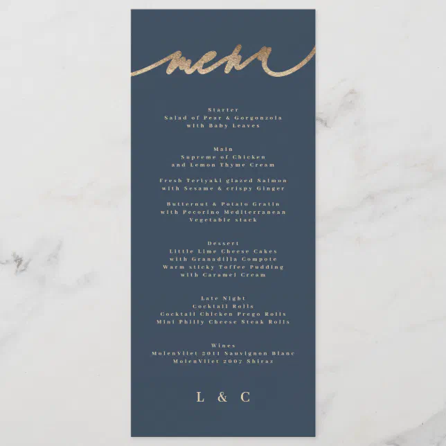 Gold Navy Blue Simple Classic Wedding Menu | Zazzle