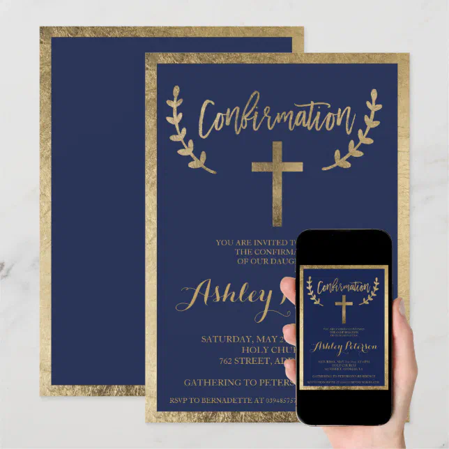 Gold navy blue typography border confirmation invitation | Zazzle