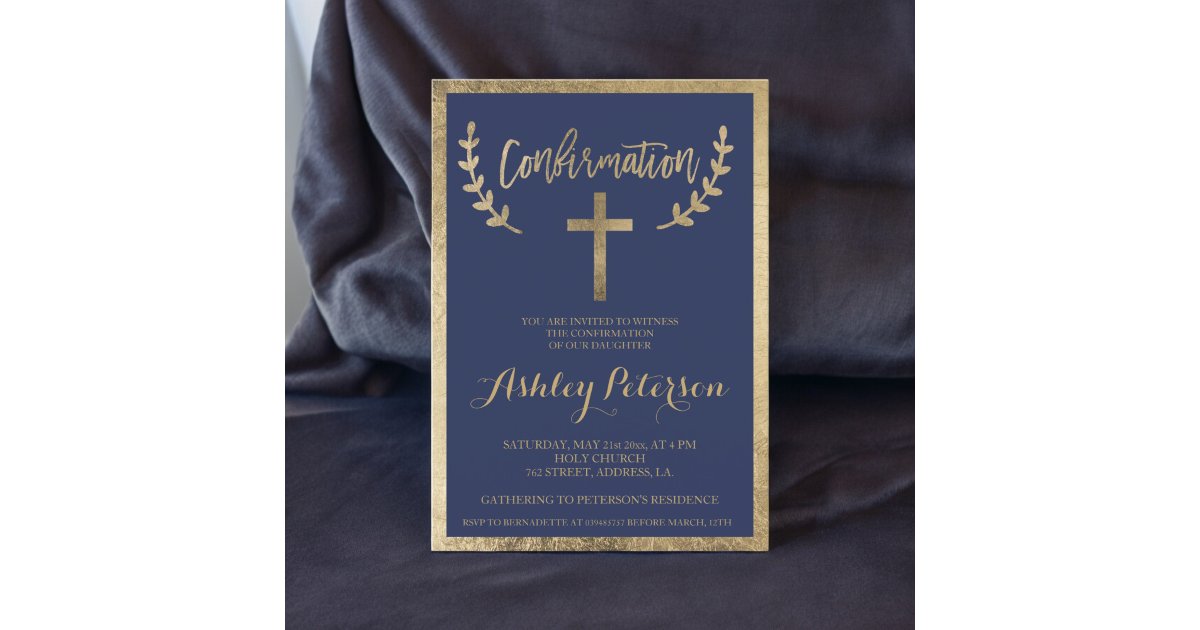 Gold navy blue typography border confirmation invitation | Zazzle