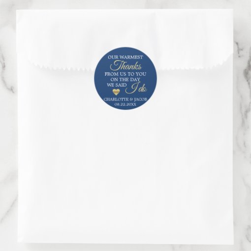 GOLD Navy Blue Wedding Heart Warmest Thanks Classic Round Sticker | Zazzle