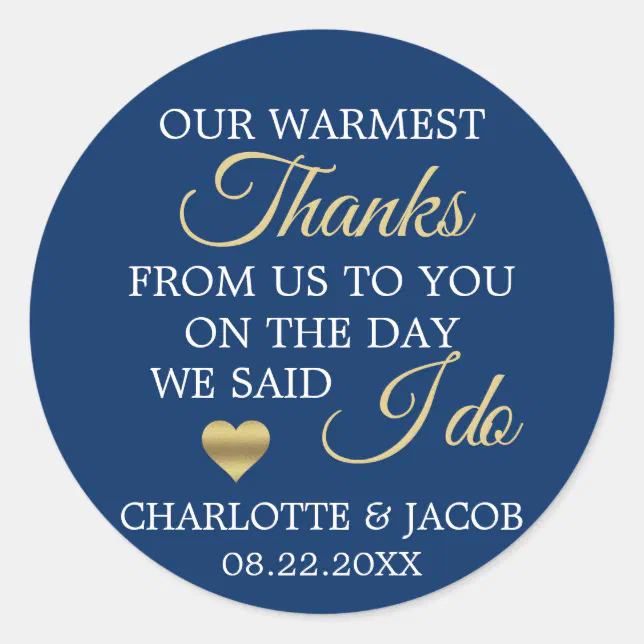 GOLD Navy Blue Wedding Heart Warmest Thanks Classic Round Sticker | Zazzle