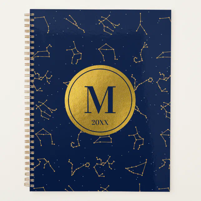 Gold & Navy Blue Zodiac Constellations Monogram Planner | Zazzle