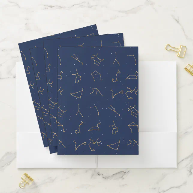 Gold & Navy Blue Zodiac Constellations Pattern Pocket Folder | Zazzle