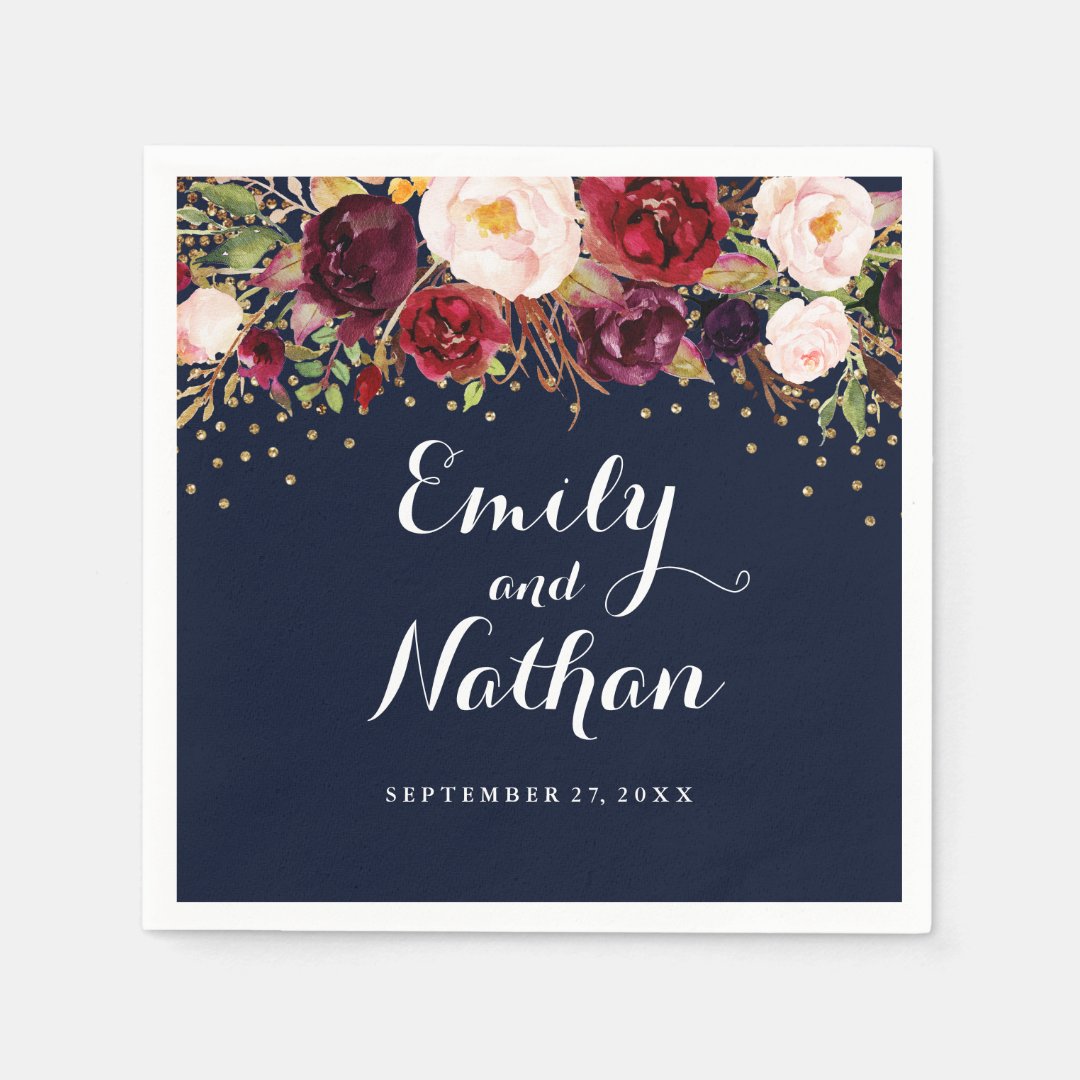 Gold Navy Confetti Burgundy Floral Wedding Napkin | Zazzle