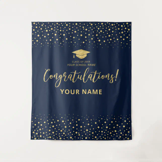 Gold & Navy Confetti | Congratulation Graduation Tapestry | Zazzle