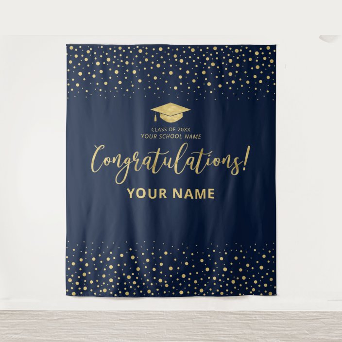 Gold & Navy Confetti | Congratulation Graduation Tapestry | Zazzle.com
