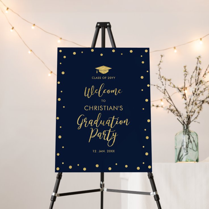 Gold & Navy Confetti Graduation Party Welcome Foam Board | Zazzle