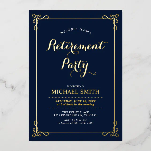 Gold & Navy | Elegant Classy Retirement Party Foil Invitation | Zazzle