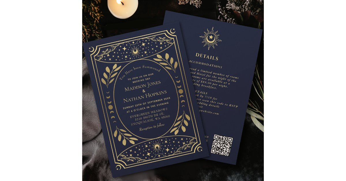 Gold Navy Gothic Vintage Tarot Wedding QR Code Invitation | Zazzle