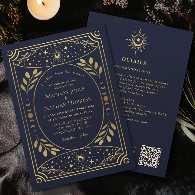 Gold Navy Gothic Vintage Tarot Wedding QR Code Invitation | Zazzle