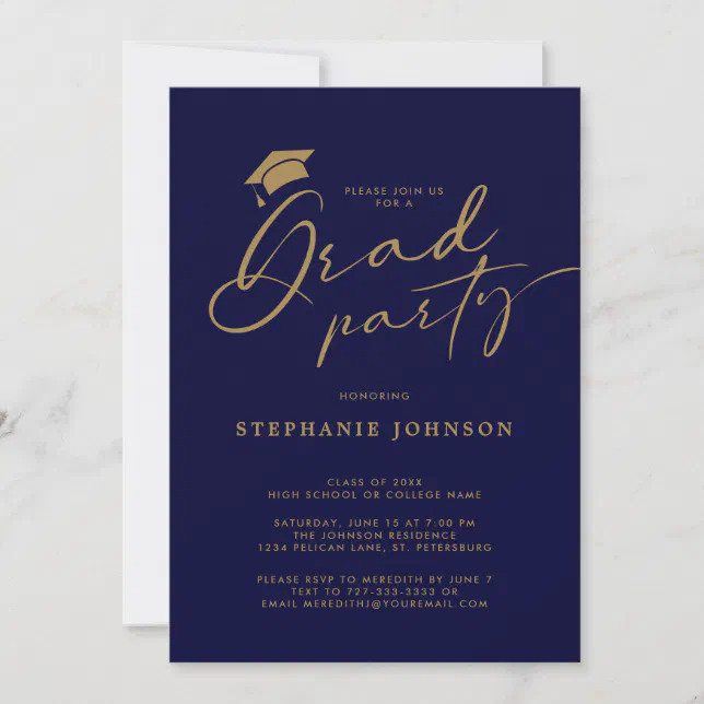Gold Navy Grad Cap Calligraphy Graduation Party Invitation | Zazzle