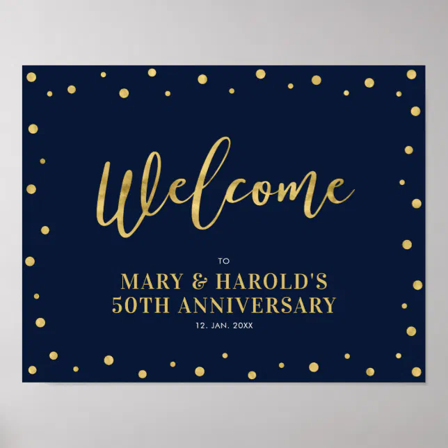 Gold & Navy | Modern Confetti Welcome Party Sign | Zazzle