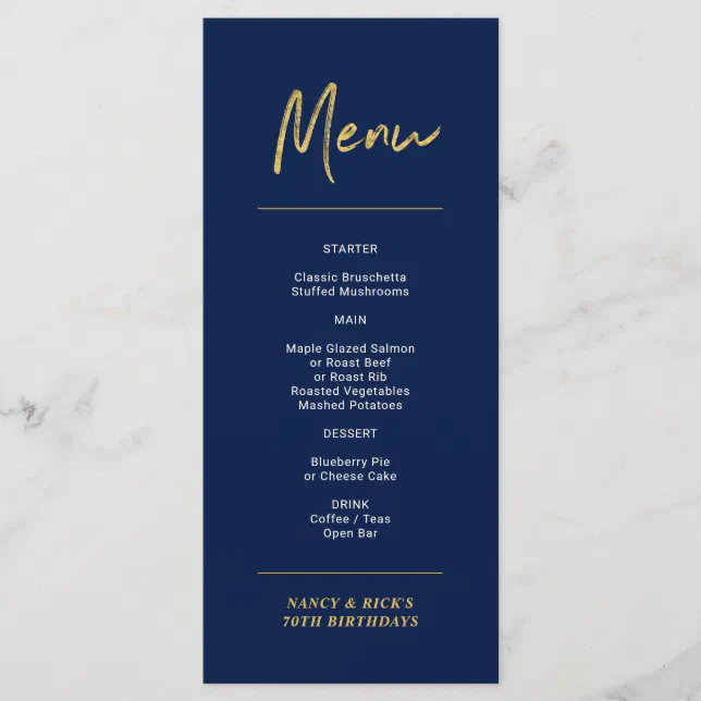 Gold & Navy Modern Lettering Birthday Party Menu | Zazzle