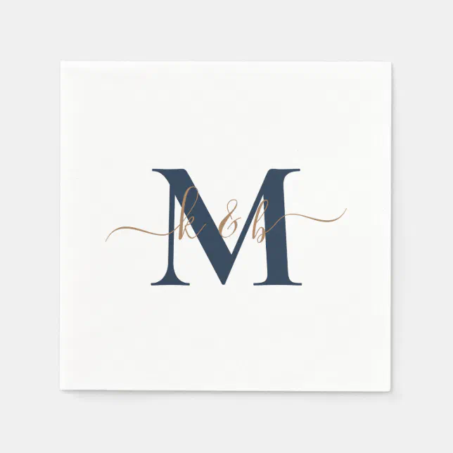 Gold & Navy Monogram Swash Script White Cocktail Napkins | Zazzle