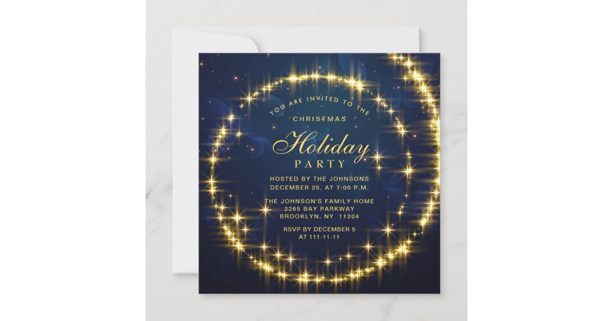 Gold Navy Sparkle Lights Christmas Holiday Party Invitation | Zazzle