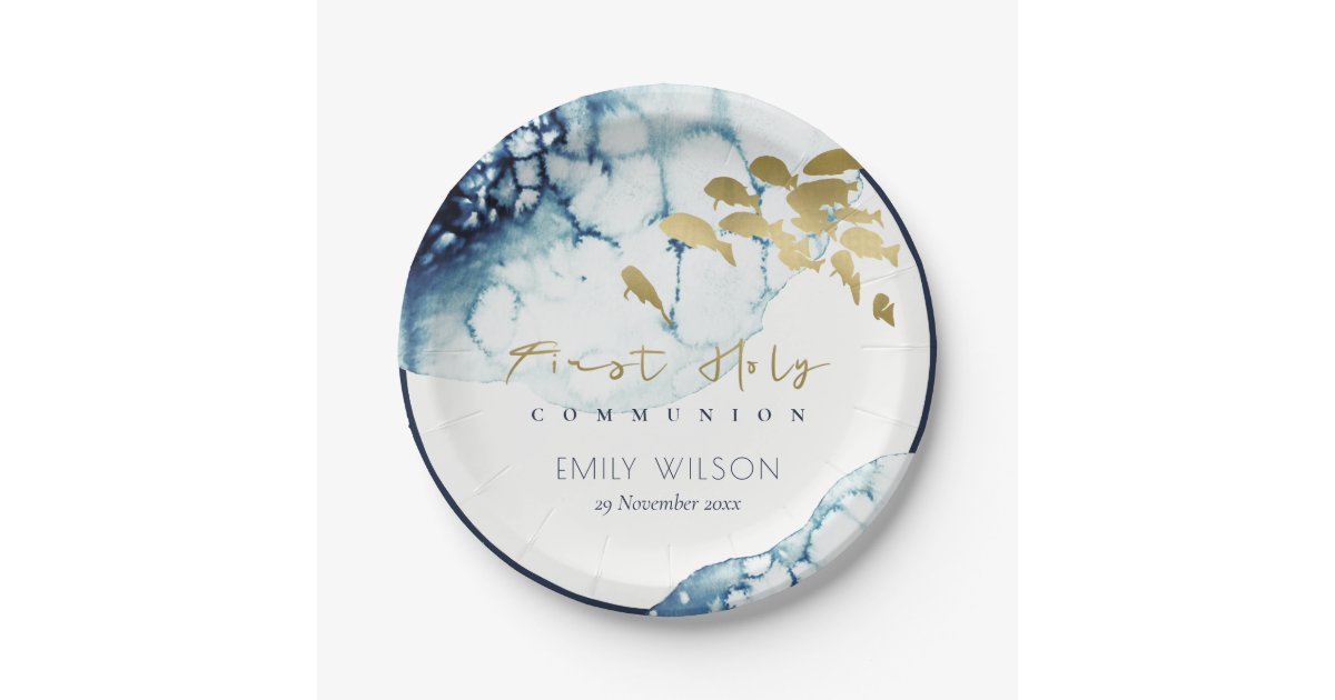 GOLD NAVY UNDERWATER FISH FIRST HOLY COMMUNION PAPER PLATES | Zazzle
