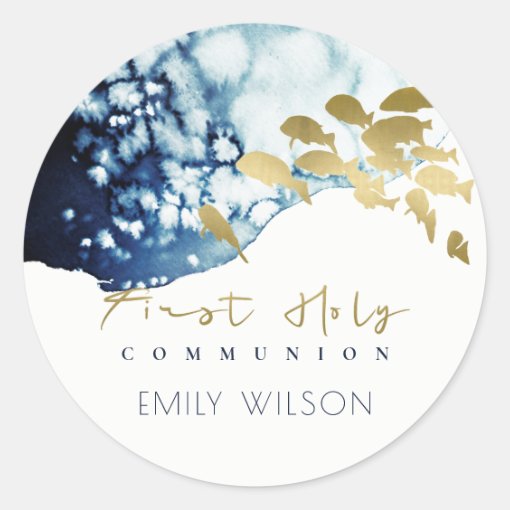 GOLD NAVY UNDERWATER SEA FISH FIRST HOLY COMMUNION CLASSIC ROUND ...