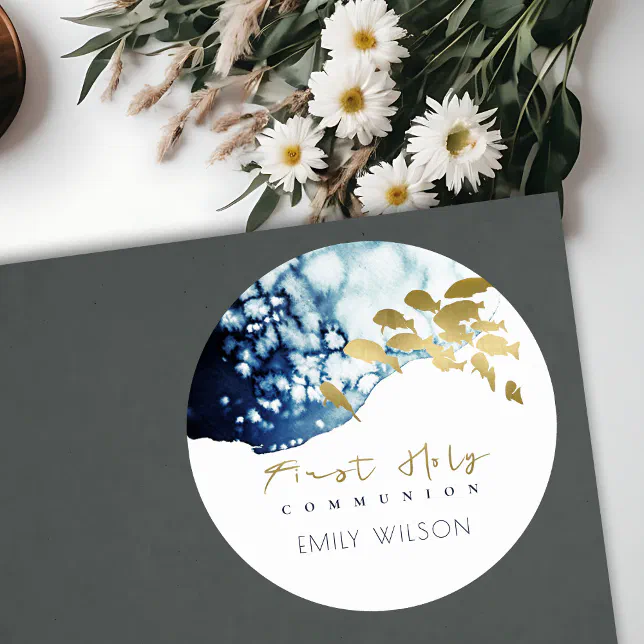 GOLD NAVY UNDERWATER SEA FISH FIRST HOLY COMMUNION CLASSIC ROUND ...