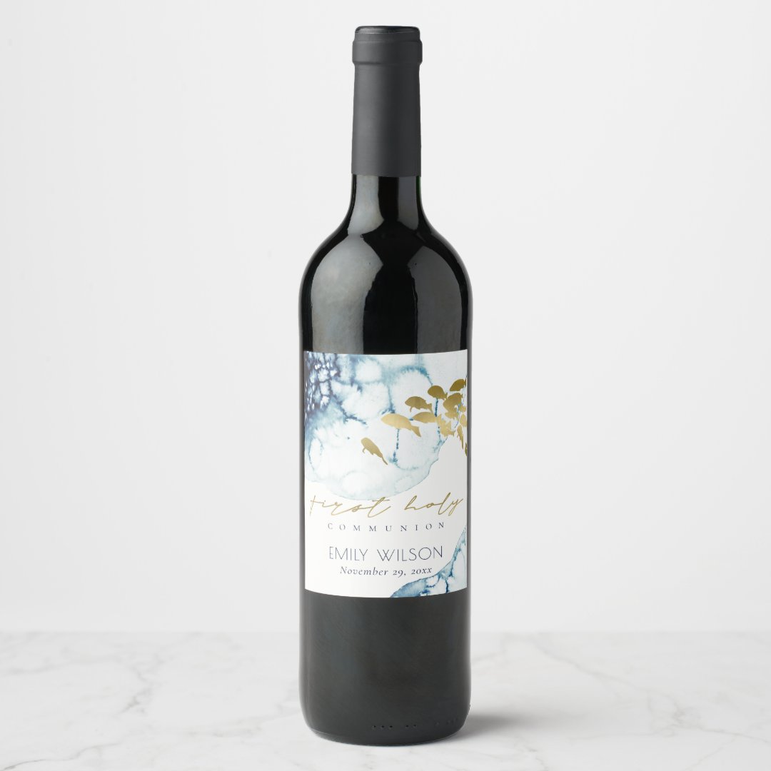 GOLD NAVY UNDERWATER SEA FISH FIRST HOLY COMMUNION WINE LABEL | Zazzle