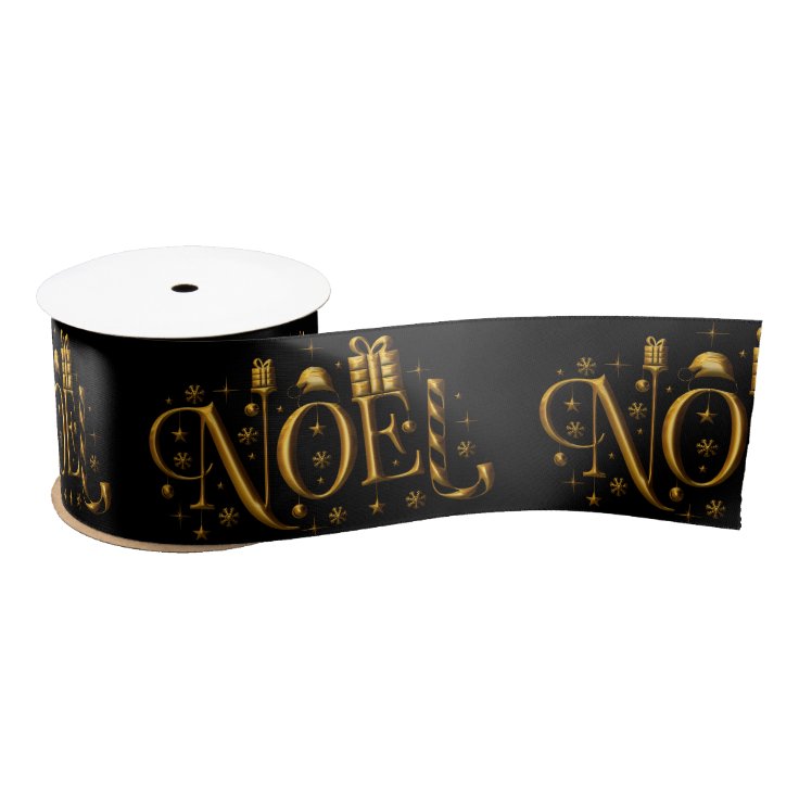 Gold Noel on Black Christmas Satin Ribbon | Zazzle